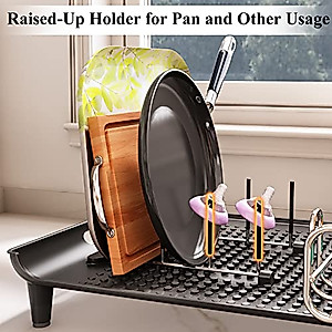 Dish Drying Rack, Kitchen Counter Dish Drainers Rack Expandable(16.9" to 26.8"), Auto-Drain Drainboard Stainless Steel Large Strainers Drying Rack with Pan Holder Utensil Holder Caddy Organizer, Black