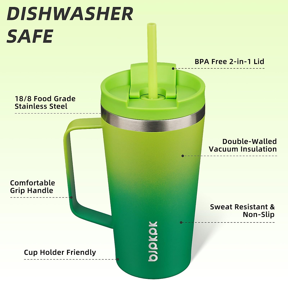 BJPKPK Insulated Tumbler with Handle, 18oz Insulated Tumblers with Lid and Straw, Stainless Steel Metal Water Bottles, Coffee Travel Mugs, Cups, Bamboo Grove