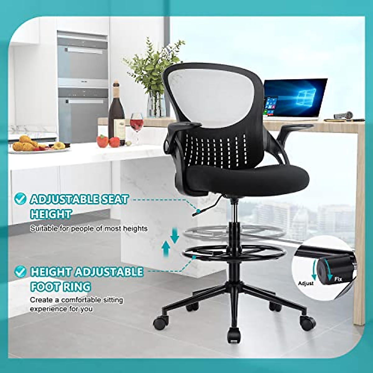 edx Drafting Chair Tall Office Chair, Tall Standing Desk Chair Counter Height Tall Adjustable Office Chair with Flip-up Arms/Wheels, Mid Back Mesh Office Drafting Chairs for Standing Desk
