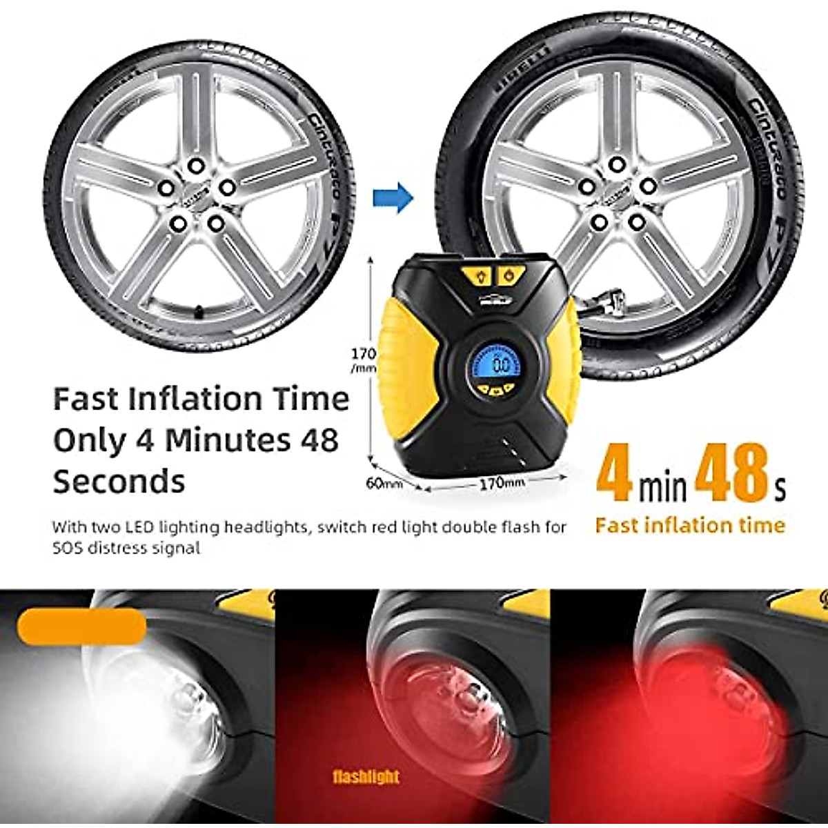 WindGallop Digital Car Tire Inflator Portable Air Compressor for Car Tire Pump Automatic 12v Electric Car Air Pump for Car Tires with Tire Pressure Gauge Valve Adaptors LED Light Yellow