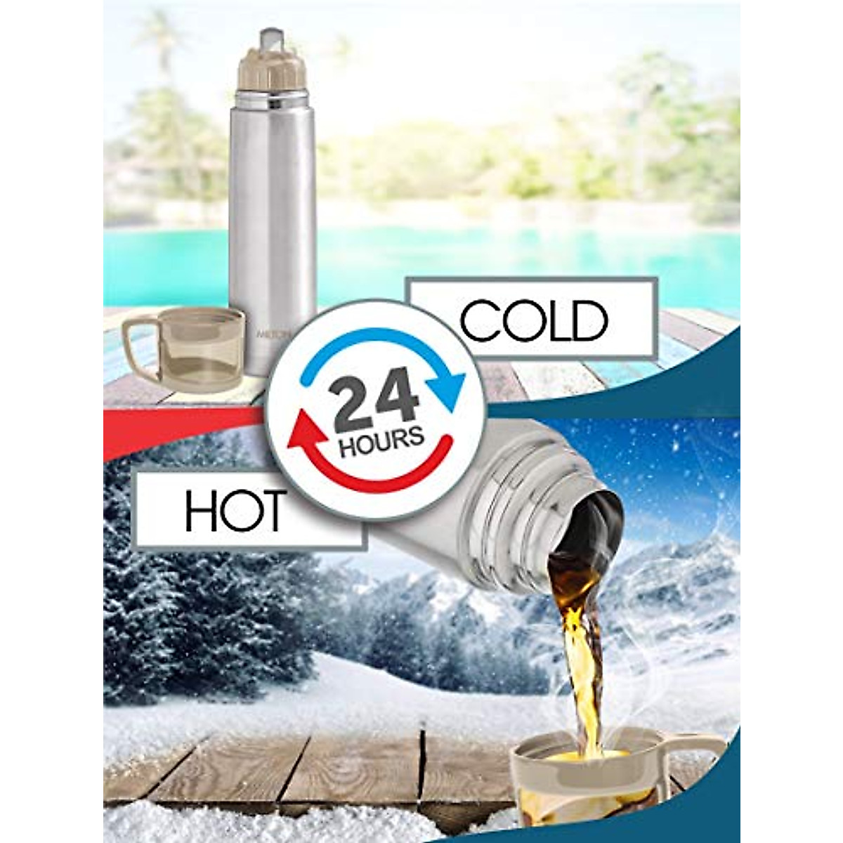 Milton Thermosteel Glassy Flask 1000, Double Walled Vacuum Insulated 1000 ml | 34 oz | 1 qt. | 24 Hours Hot and Cold Bottle with Cover, 18/8 Stainless Steel, BPA Free, Food Grade, Leak-Proof | Gray