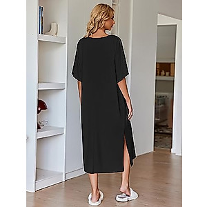 Ekouaer Womens, Loungewear, Nightgown Nightshirt, Plus Size Sleepwear, Oversized Pajama Dress, Long Sleep Dress with Pockets, A_black, 4X-Large