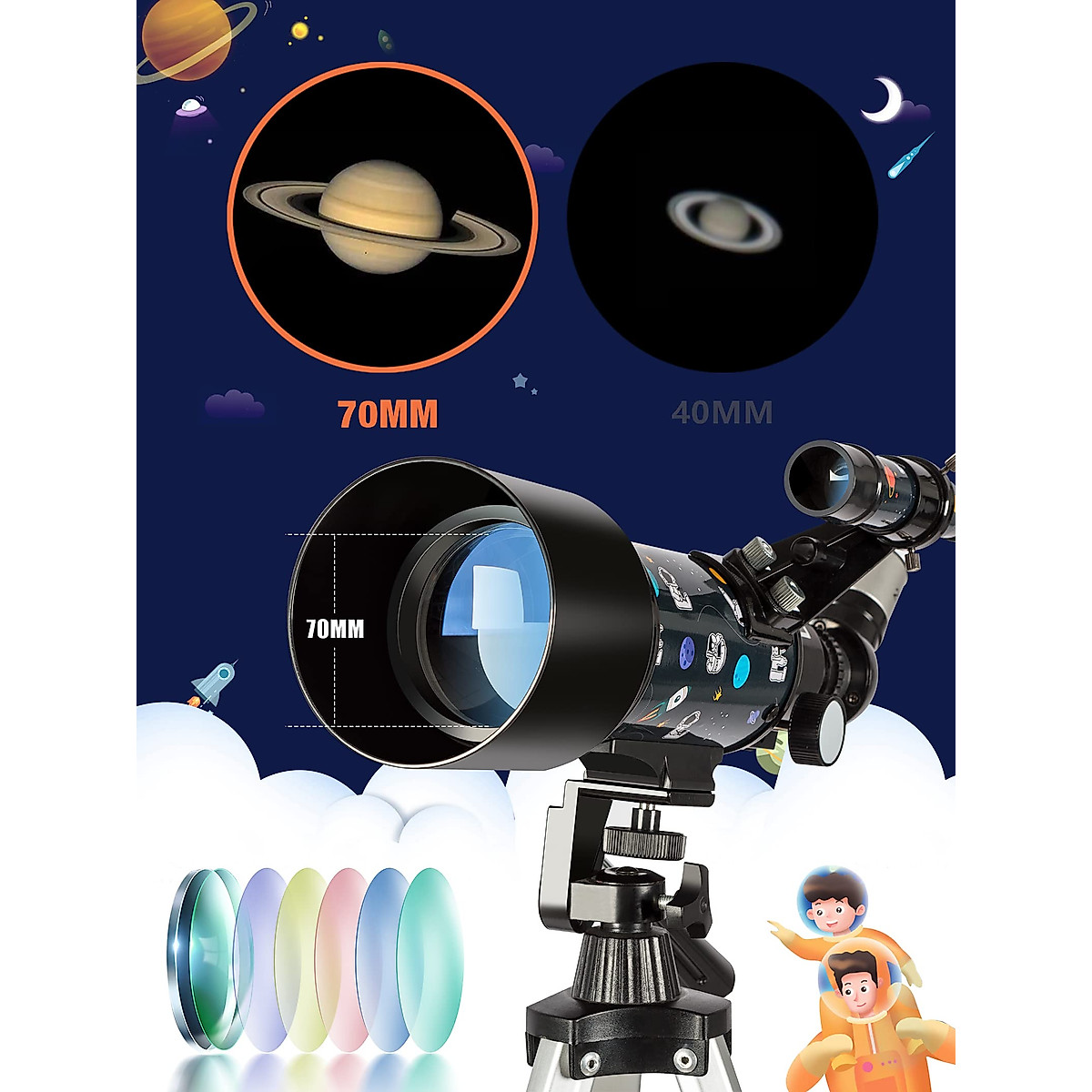 Telescope for Kids Adults Astronomy Beginners over 8 Years Old, 70mm Aperture Astronomical Refractor Telescopes with Phone Adapter & Wireless Remote, Astronomy Space for Christmas Birthday