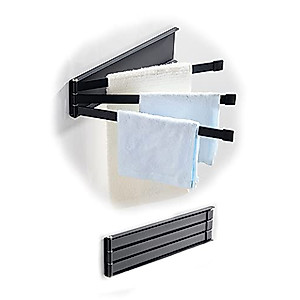 MAOERFUL 3 Swing Arms Towel Holder Wall Mount Towel Rack Dish Rag Dishcloths Washcloth Storage Organizer Hanger Swivel Hand Towel Bar for Sink Door Cabinet in Kitchen Bathroom (Black)