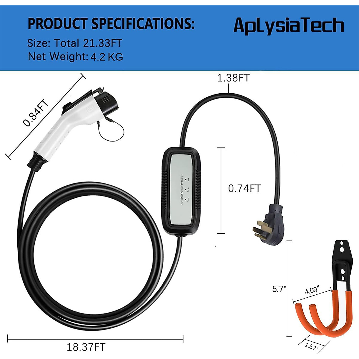 AplysiaTech Level 2 EV Charger,Max 48 Amp and 11.52KW Portable EVSE SAE J1772, NEMA14-50P and 6-50P to 14-50R Adapter,21 ft Charging Cable with Heavy Duty Cable