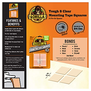 Gorilla Tough & Clear Double Sided Tape Squares, 24 1" Pre-Cut Mounting Squares, Clear, (Pack of 1)