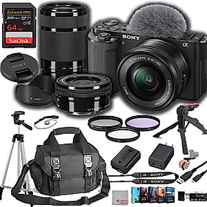 Sony ZV-E10 Mirrorless Camera with with 16-50mm + 55-210mm Lenses, 64GB Extreem Speed Memory, Case. Tripod, Filters, Hood, Grip, & Professional Video & Photo Editing Software Kit