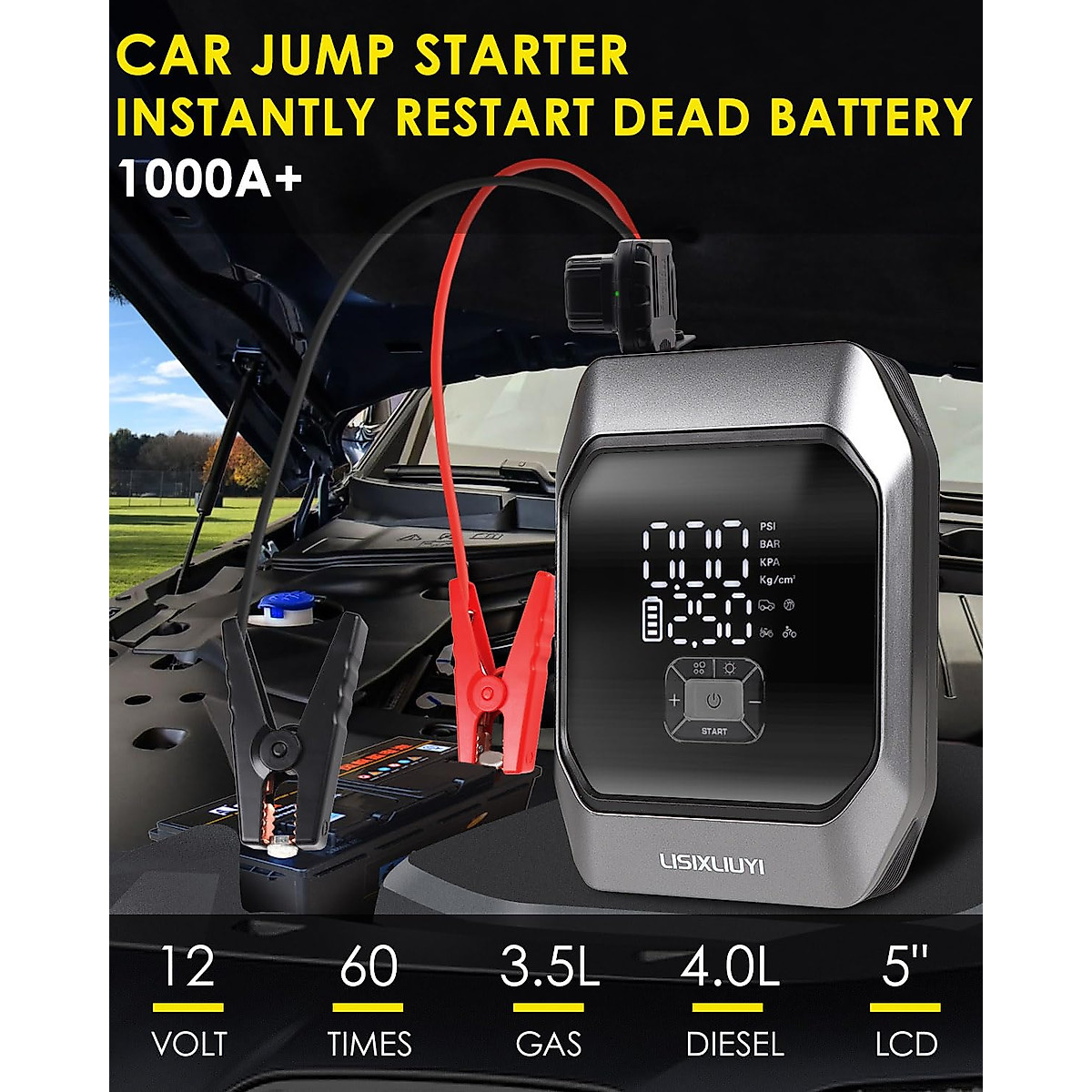 Portable Car Jump Starter with Air Compressor,160PSI Digital Tire Inflator & 8000mAh Battery Booster for 3.5L Gas Engine/4.0L Diesel Engine 12V Car Lithium Battery Safe Jump Box Pack Power Charger
