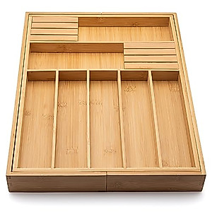 Bamboo Drawer Organizer with Knife Blocks - Silverware Organizer & Utensil Drawer Organizer, Cutlery Tray with Dividers, 7-9 Slots- Premium Kitchen Drawer Organizer for Utensils & Flatware (Natural)