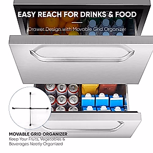 ICEJUNGLE Stainless Steel Refrigerator, Undercounter/Built-in 24" Refrigerators with 2 Drawer, Full Size Fridge for In/Outdoor Use, Premium Stainless Steel Refrigerator with Advanced Cooling System