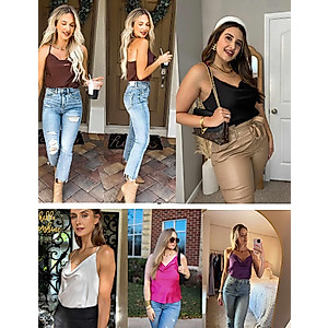 Ekouaer Satin Cowl Neck Tank Top Women Camisole Silky Loose Sleeveless Basic Blouse Ladies Satin Tank Shirt Black