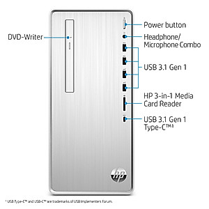 HP Pavilion Desktop Computer, AMD Ryzen 5 3400G, 12GB RAM, 512 GB SSD, Windows 10 (TP01-0040, Silver)