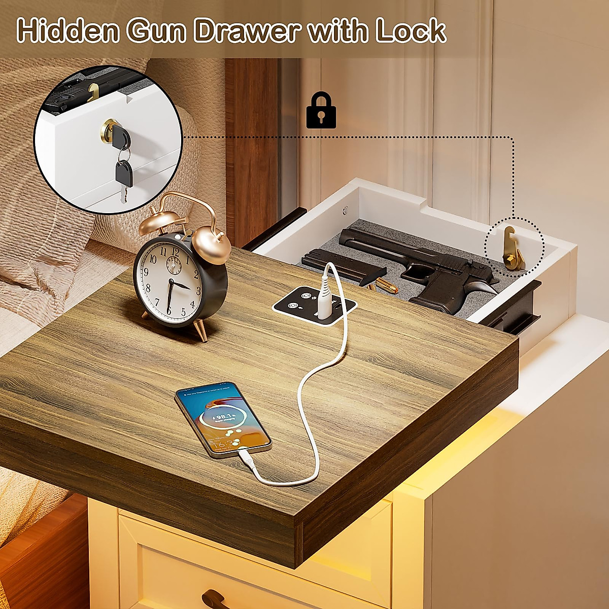 BROTTAR Nightstand with Gun Drawer, Farmhouse LED Bedside Table with Charging Station, Human Sensor, Smart Nightstand with Locking Drawer for Bedroom, Office