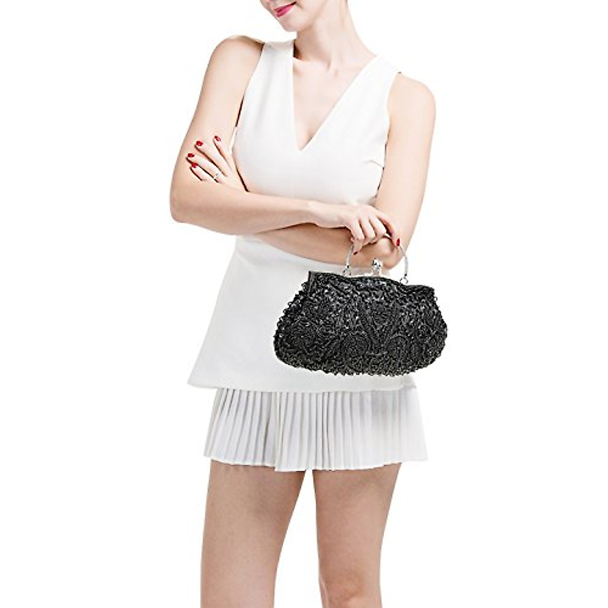 iToolai Satin Purse Evening Handbags Wedding Bag Beaded Sequins Clutch (Coffee)