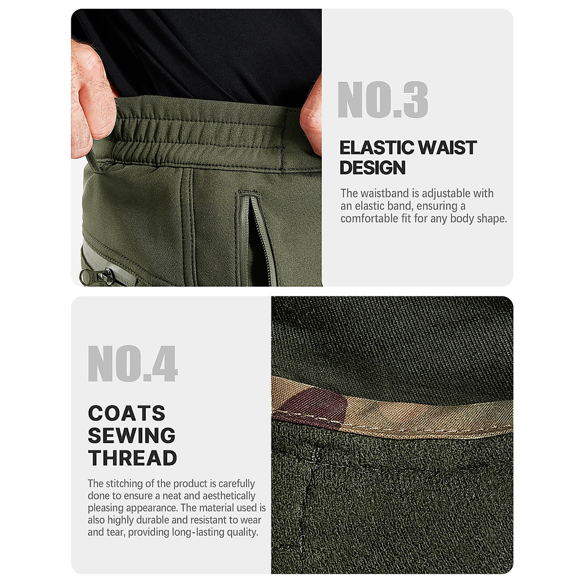 FREE SOLDIER Men's Outdoor Softshell Fleece Lined Cargo Pants Snow Ski Hiking Pants with Belt (Army Green 34W x 30L)