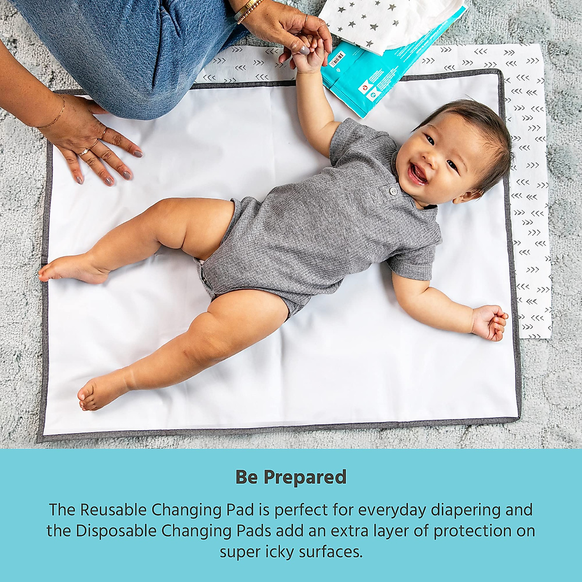 Healthy Habits by J.L. Childress Baby Changing Pad Bundle - Portable Padded Diaper Changing Pad with Pocket Plus 3 Disposable Changing Pads - Travel Changing Pads, Waterproof, Extra-Large - Grey