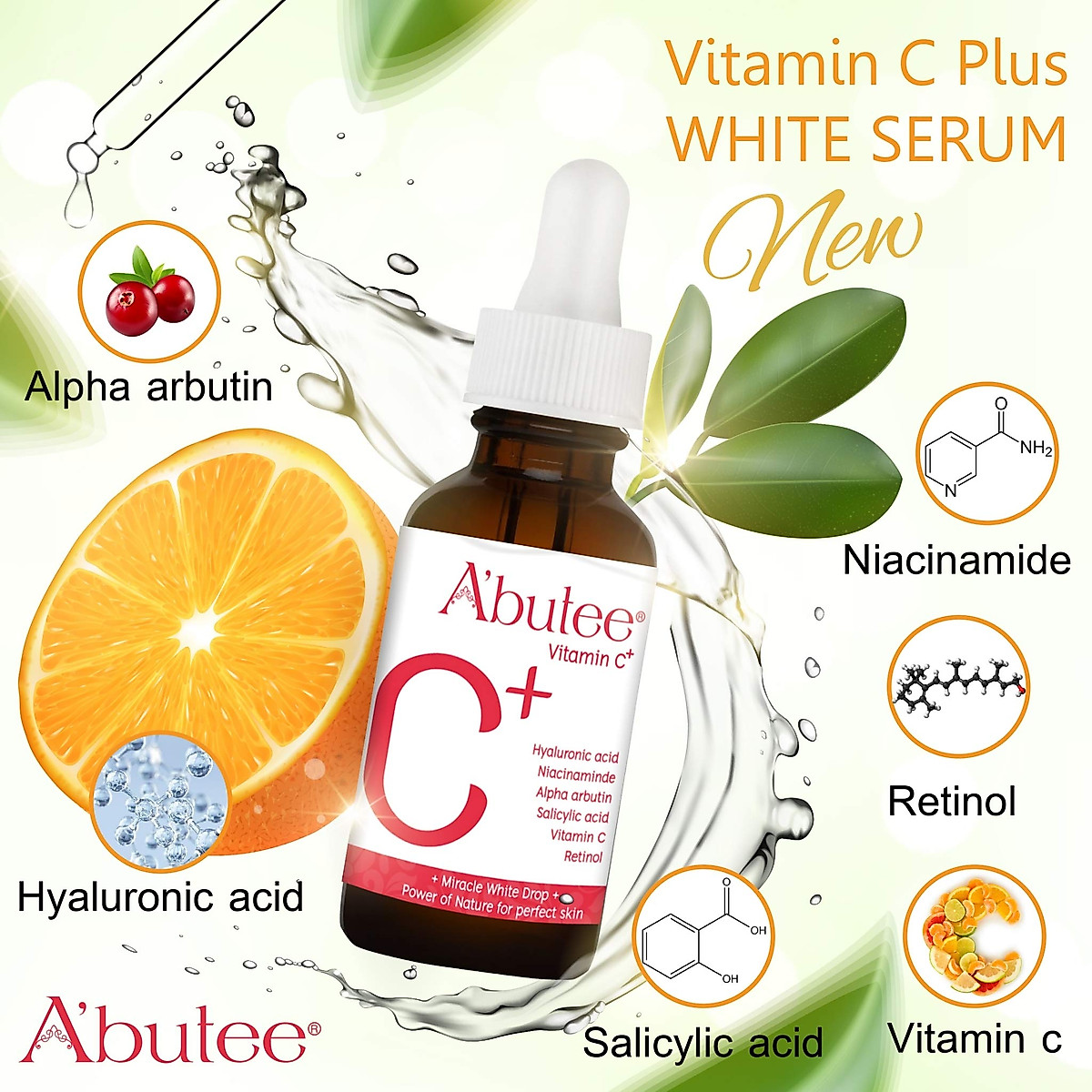 ARBUTEE | Vitamin C Anti Aging plus Brightening Serum -Hyaluronic Acid, Niacinamide, Alpha Arbutin, Salicylic Acid, Vitamin E and Retinol for Men Woman