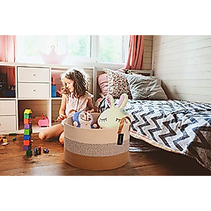 Decospark XXXL Cotton Rope Basket for Toy and Blanket Storage| 21.7" x 13.8" | Soft Long Handles | Decorative Home Organizer Ideal for Living Room, Baby Clothes and Laundry (Camel Grey and Cream)