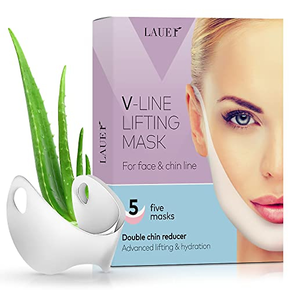 V Shaped Slimming Face Mask Double Chin Reducer V Line Lifting Belt Neck Lift Tape Face Patch For Firming and Tightening Skin Chin Up Slimming Strap Collagen Mask with Hyaluronic Acid Aloe Vera (5pcs)