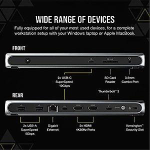 Corsair TBT100 Thunderbolt™ 3 Dock – 85W charging, Dual 4k 60Hz Support, 2x HDMI, 40Gb/s ,USB-C Gen 2 (15W) x2, USB-A 3.1 (7.5W) x2, Gigabit Ethernet – For Mac and PC laptops