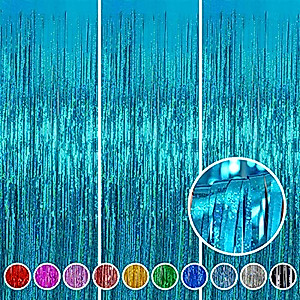 Foil Fringe Curtains Party Decorations - Melsan 3 Pack 3.2 x 8.2 ft Tinsel Curtain Party Photo Backdrop for Birthday Party Baby Shower or Graduation Decorations Teal