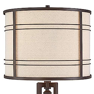 Franklin Iron Works Elias Industrial Rustic Farmhouse Floor Lamp Standing 651/2" Tall Oil Rubbed Bronze with LED Nightlight Off White Oatmeal Fabric Drum Shade for Living Room Reading Bedroom