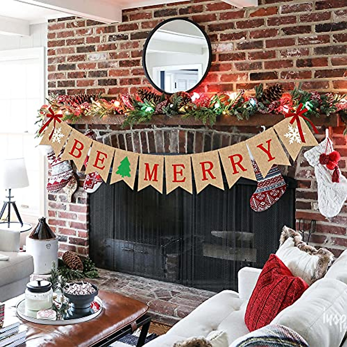 Be Merry Burlap Banner Christmas Decorations | Rustic Christmas Tree Snowflake Sign Burlap Garland | Christmas Decor for Mantle Fireplace Xmas Holiday Party Supplies | Outdoor Indoor Hanging Decor