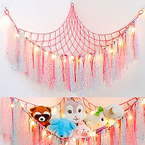 Dremisland Stuffed Animals Storage with Fairy Lights Toy Hammock Hanging Stuffed Animal Storage Organizer Holder with Lace Tassels for Nursery Play Room, Kids Bedroom (Pink)