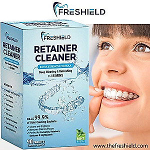 FRESHIELD Retainer & Denture Cleaner Tablets - Remove Stain Plaque Bad Odor, Compatible with Invisalign, Dentures, Retainers, Mouth Guards, Braces, Teeth Straighteners, Night Guards, Dental Appliances