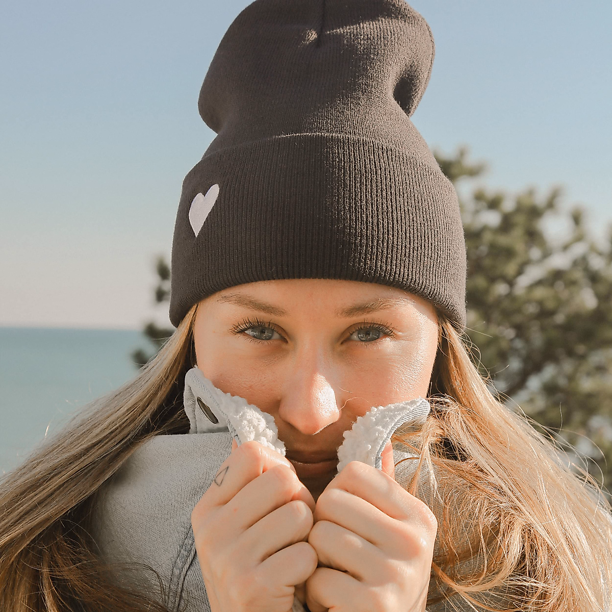 Atticus Poetry Cuffed Beanie for Women, Lightweight Acrylic Beanie for Year Round Wear - with Patch or Embroidered- One Size - Dark Grey Heart