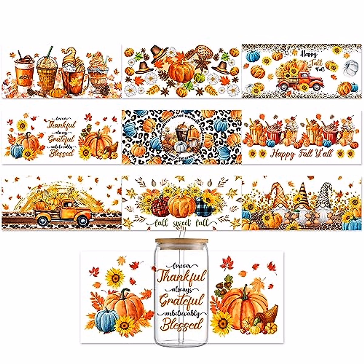 Cysincos 9 Sheets Waterproof Glass Cups UV DTF Transfer Stickers DIY Decals Rub on Transfers for Wood Furniture Craft (Thanksgiving Day-9pcs)