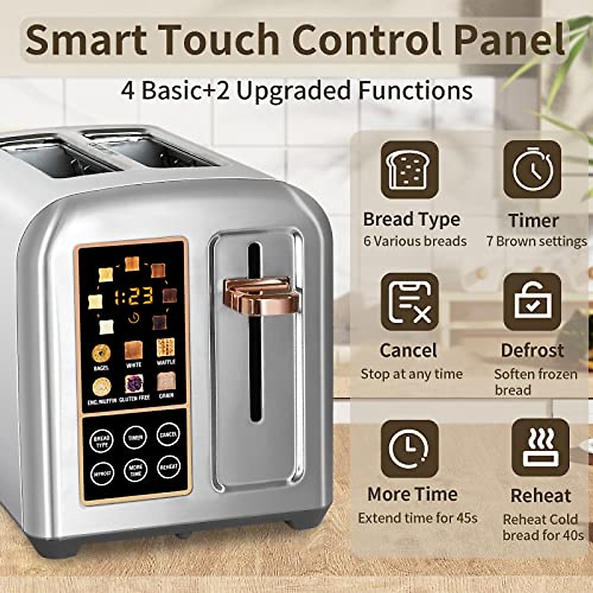 SEEDEEM Toaster 2 Slice, Stainless Steel Bread Toaster with LCD Display and Touch Buttons, 50% Faster Heating Speed, 6 Bread Selection, 7 Shade Settings, 1.5''Wide Slots Toaster with Cancel/Defrost/Reheat Functions, Removable Crumb Tray, 1350W, Silver Met