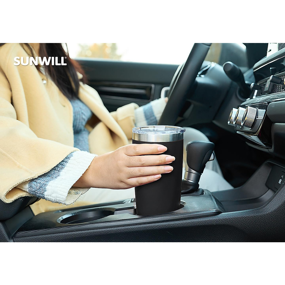 SUNWILL Travel Coffee Mug with Lid, 20 oz Tumbler Set of 2, Insulated Stainless Steel Cup for Water, Tea, Ice, Powder Coated Black 2 pack