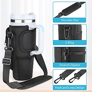 CTSZOOM Water Bottle Carrier Bag for Stanley 40 Oz Tumbler, Bottle Pouch Holder with Pocket and Adjustable Shoulder Strap for Stanley Quencher H2.0, Accessories for Stanley Cup Walking Camping Black