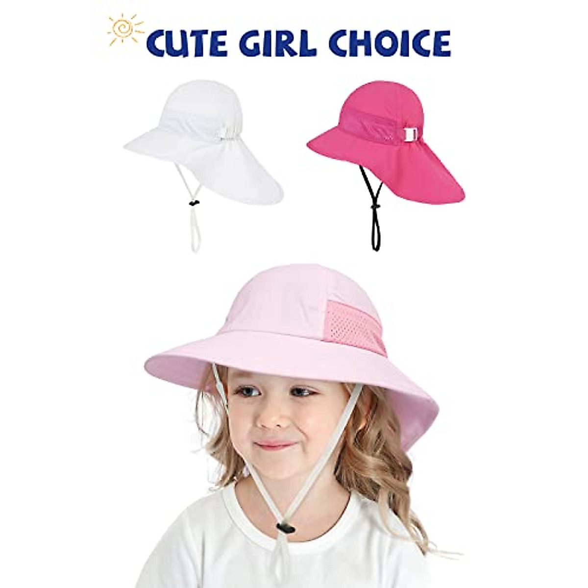 Baby Sun Hat Toddler Kids Girls Sun Hat UPF 50+ Protection Beach Hat Wide Brim Neck Flap Adjustable Fishing Hats for Girls Boys Pink 2-6T