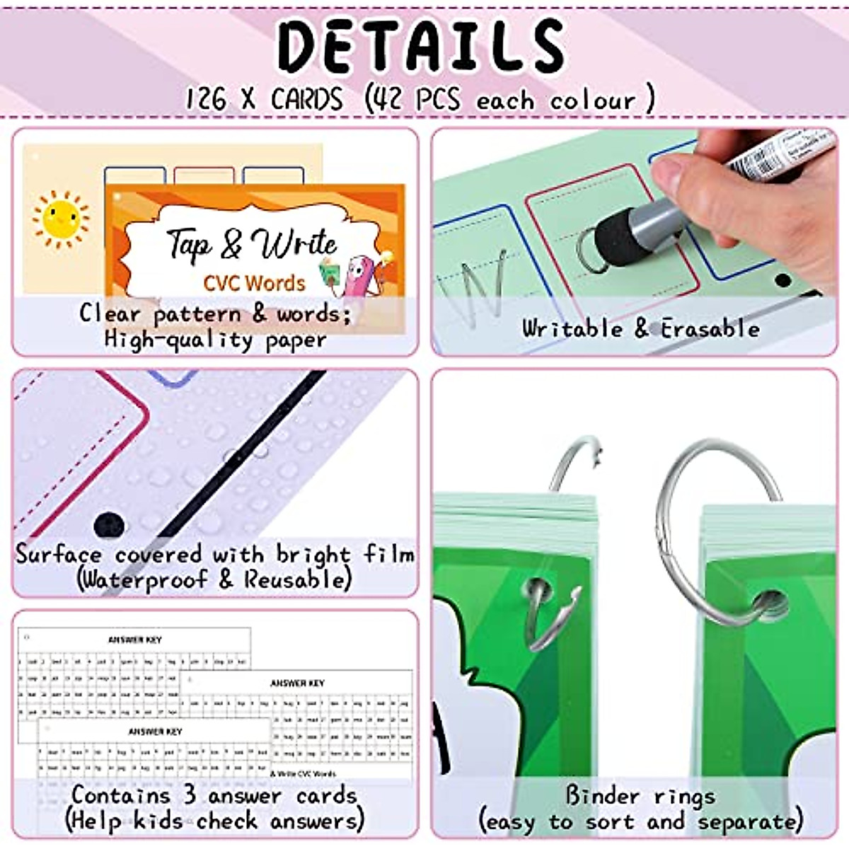 126 Cards Tap and Write CVC Words Flash Cards Laminated Tracing Practice Card Learning Letter Cards CVC Flashcards with 3 Rings for Kindergarten Preschool Kids, 8 x 4 Inch