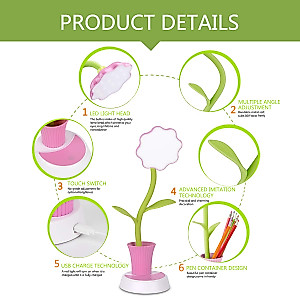 Desk Lamp for Kids - Uniwit Sunflower LED Charging Table Lamp Support Eye Protection Small Desk Folding for Reading,Study and Office, Adjustable Brightness - Pink