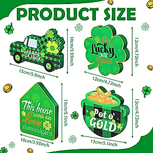 4 Pcs St. Patrick's Day Table Wooden Signs House Pot Truck Lucky Shamrock Wooden Signs Buffalo Plaid Freestanding Irish Decor for St Patricks Day Tiered Tray Desk Office Home Party Decor, 4 Styles