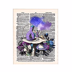 Alice in Wonderland Caterpillar Wall Art, UnFramed 8x10 inch Decor Print in Blue Tones. Vintage Style Dictionary Page. Ideal for Book Lover, English Teacher, Librarian Lewis Carroll Fan