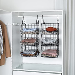 X-cosrack 6 Tier Closet Hanging Organizer, Clothes Hanging Shelves with 4 Hanging Hooks 5 S Hooks, Wire Storage Basket Bins, for Clothing Sweaters Shoes Handbags Clutches Accessories Patent Design