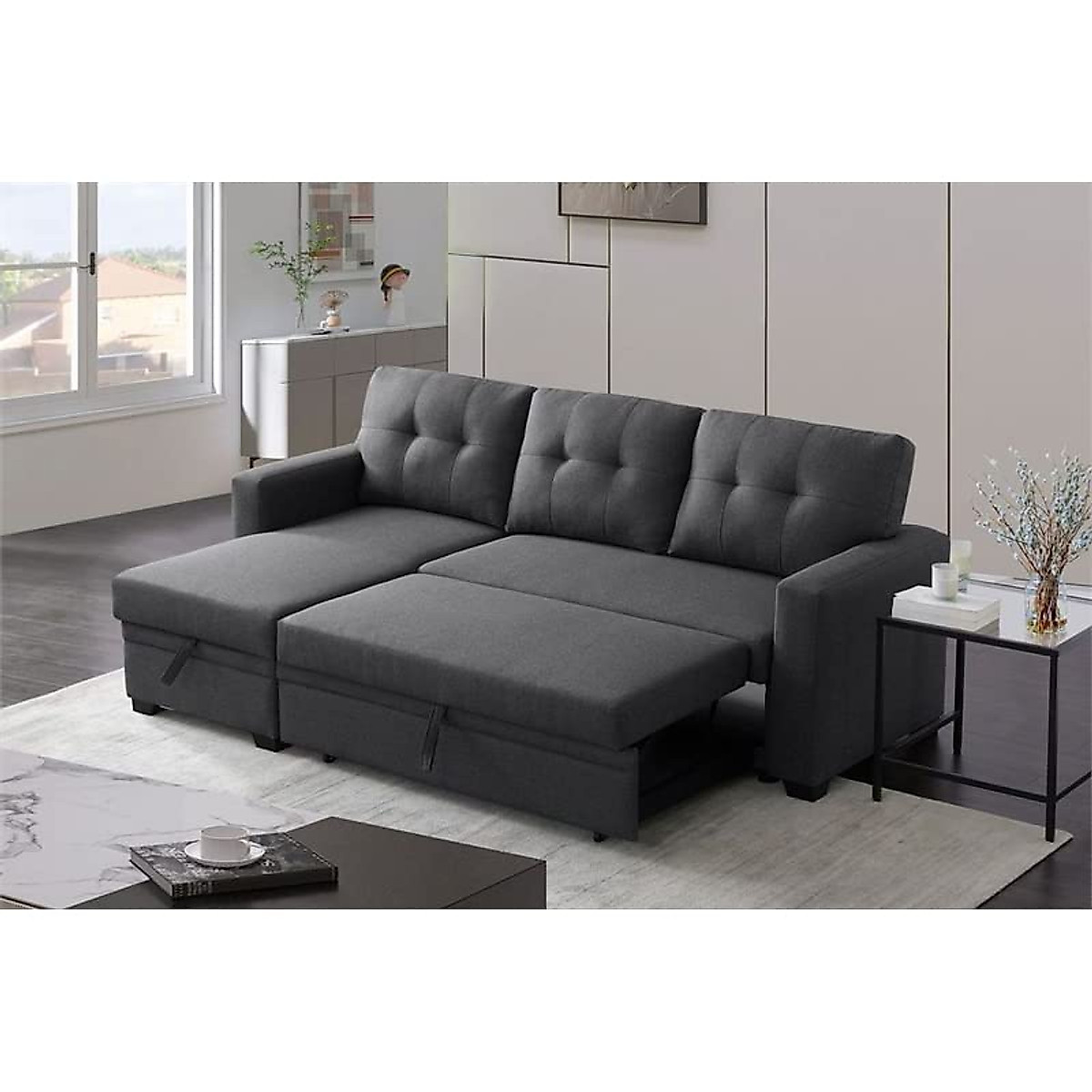 Devion Furniture Contemporary Reversible Sectional Sleeper Sectional Sofa with Storage Chaise in Dark Gray Fabric