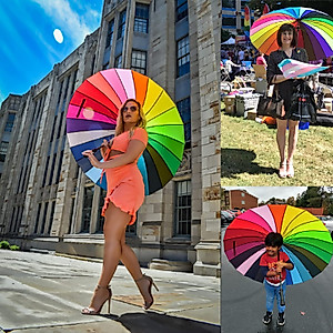 meizhouer 24k Rib Large Color Rainbow Umbrella Fashion Long Handle Straight Anti-UV Sun/Rain Stick Umbrella (automatically opened)