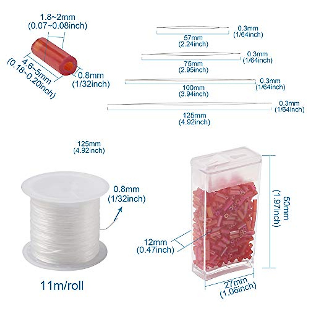 Craftdady 6400Pcs 24 Colors Glass Bugle Seed Beads 4.6-5mm Tube Spacer Loose Pony Beads with 4Pcs Big Eye Beading Needles, 2 Rolls Crystal Thread for Jewelry Making