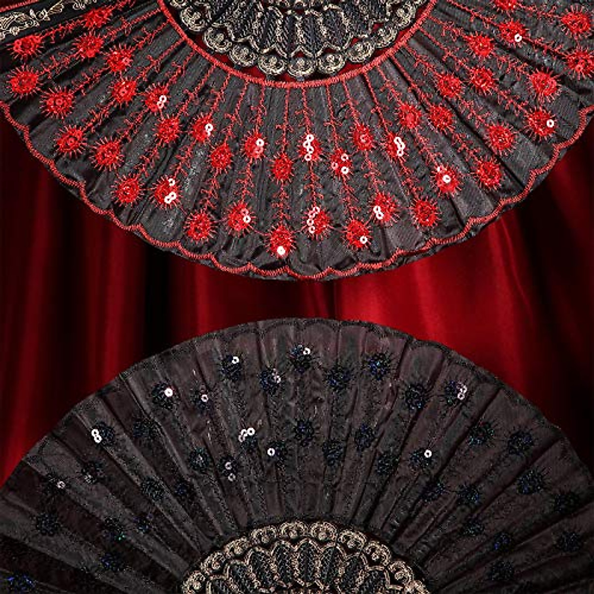 2 Pieces of Sequin Fabric Folding Fans Embroidered Flower Lace Trim Peacock Fan Fabric Plastic Folding Handheld Fan for Women Hand Craft (Red, Black)