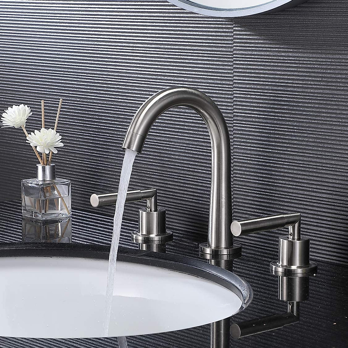 VESLA HOME Modern Brushed Nickel 3 Hole Bathroom Faucet Widespread, 2 Handle Lavatory Vanity Stainless Steel Bathroom Sink Faucet with Pop-up Drain and Water Hoses