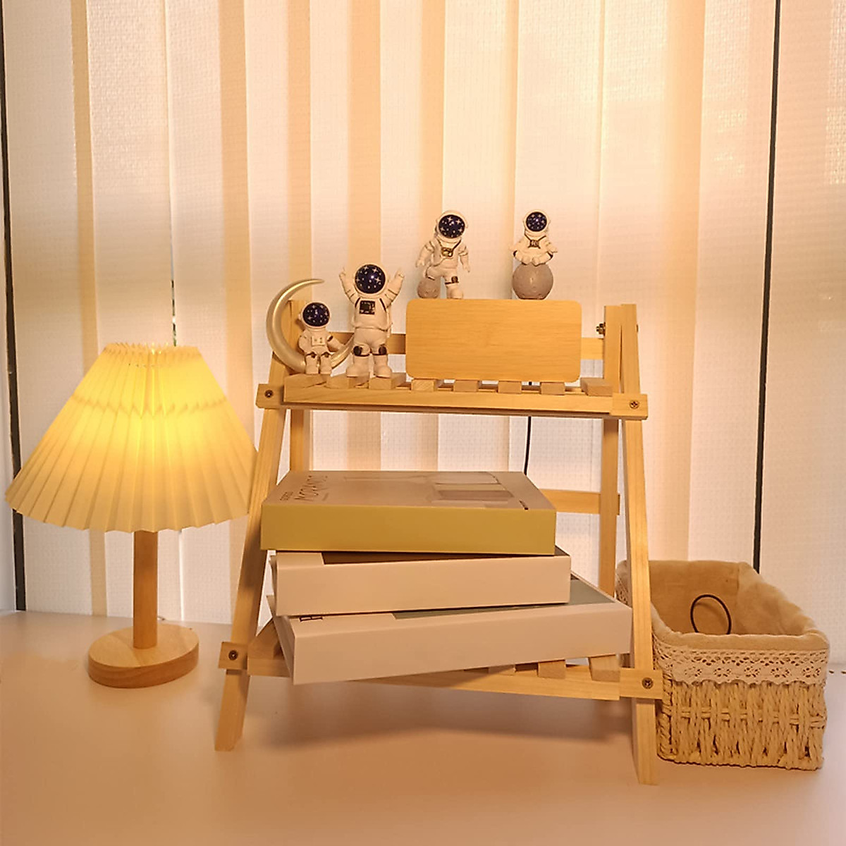 Wooden Double Layer Rack Desk Storage Organizer, Foldable 2-Tier Ladder Shelves, Durable Shelf Flower Pot Seasoning Storage Racks, Sundries Shelf, Home Decor Organizer(Ladder)