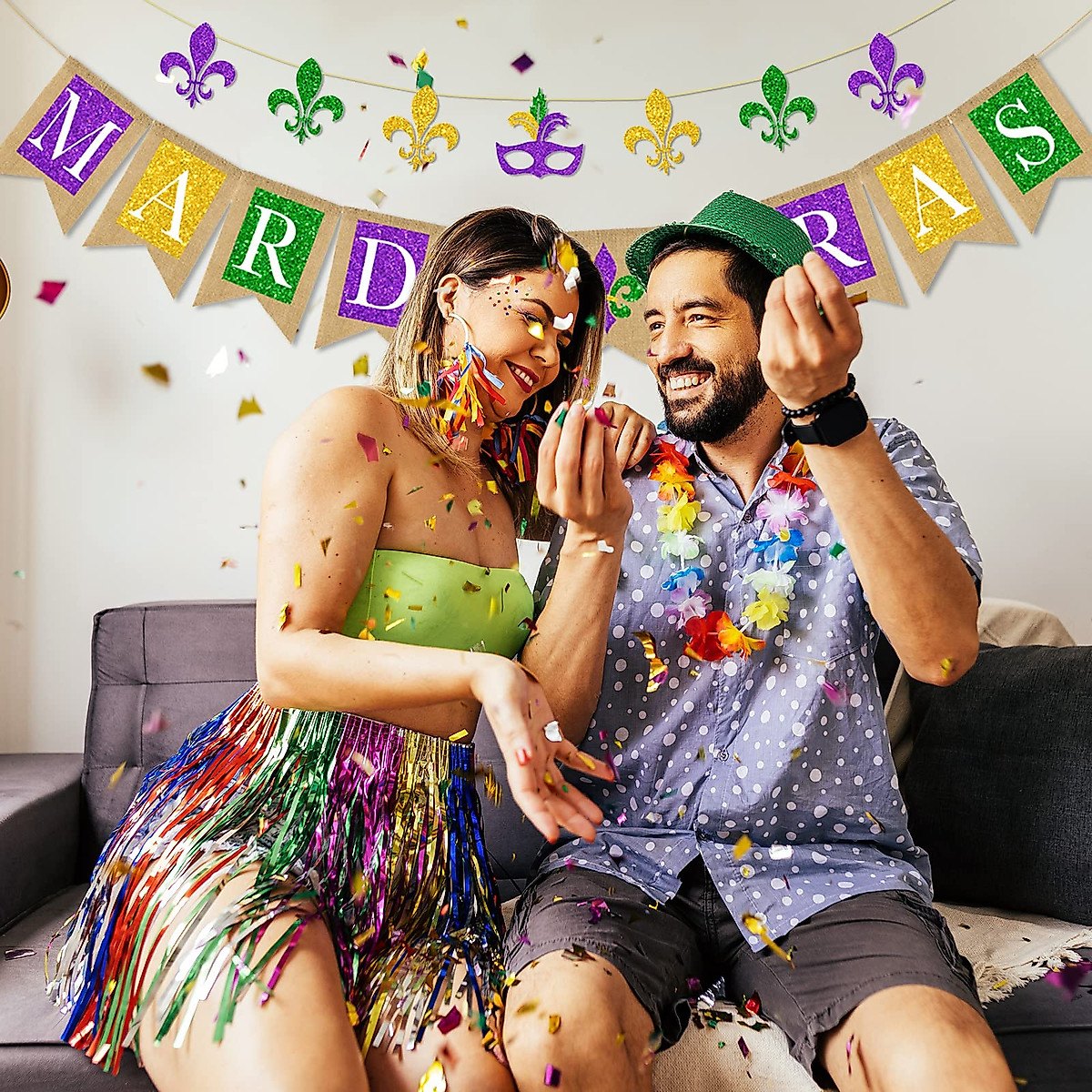 Whaline Mardi Grads Banner 2Pcs Glitter Purple Yellow Green Burlap Banner Masquerade Mask Paper Banner Pre-Assembled Bunting Garland for Masquerade Party Supplies Home Hanging Decor Photo Props