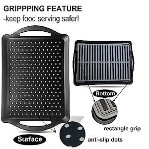 ECOIOU Non Slip Food Serving Tray with Handles, 2-Pack Rectangle Anti-Slip Non-Toxic Dishwasher Safe Tray for Snack Fruit Dessert Breakfast Drink (Black)