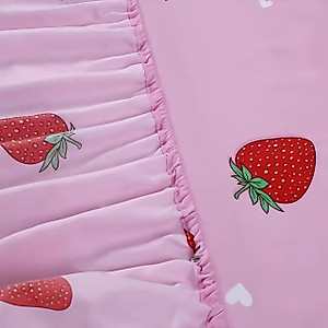 SDY 4PCS Strawberry Bedding Sheets,Queen Size Red and Pink Strawberry Print Sheet Set with 1 Kawaii Top Flat Sheet + 1 Deep Pocket Fitted Sheet + 2 Pillowcases for Teen Girls
