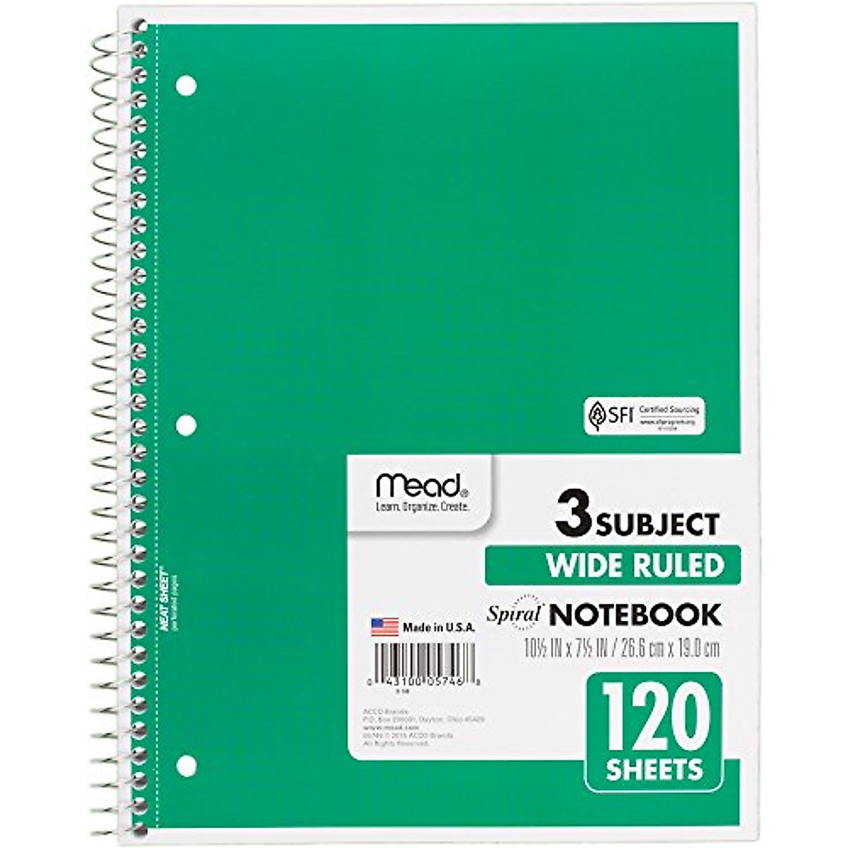 Mead 75698 Spiral Notebook, Wide Ruled, 3 Subject, 120 Sheets, 10.5" x 8", Assorted Colors, 6 Pack